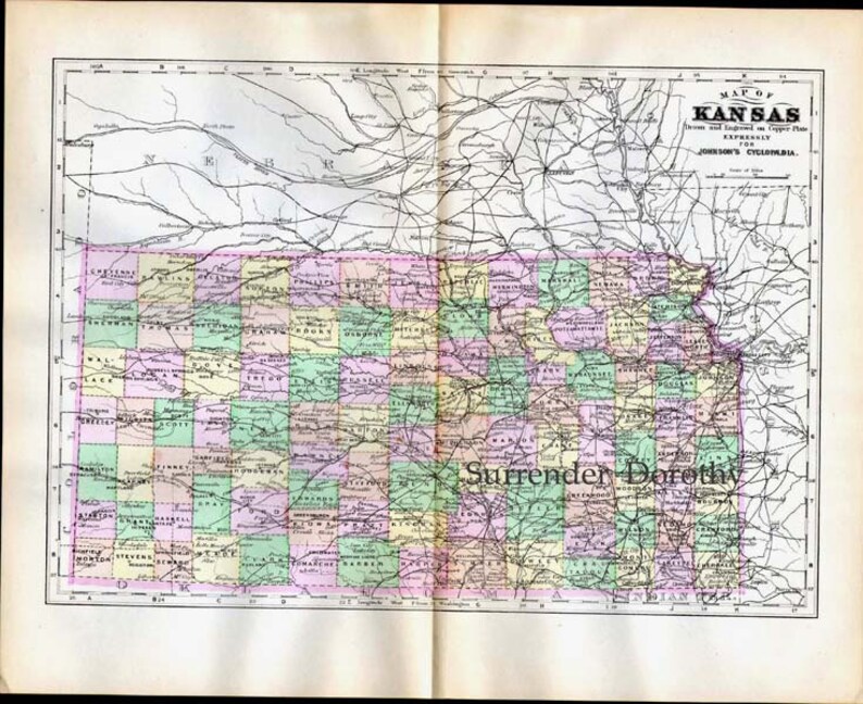 Kansas Map United States USA 1896 Vintage Victorian Antique | Etsy