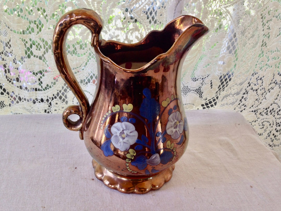 Antique Staffordshire English Copper Luster Ware Pitcher Blue White ...