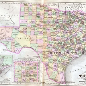 Texas Map United States Large 1896 Victorian Antique Engraving Vintage ...