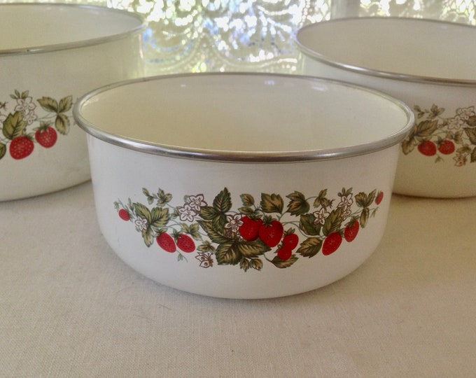 Kobe Strawberry Bowls Serving Mixing Baking Metal Enamel Bakeware 1970s ...