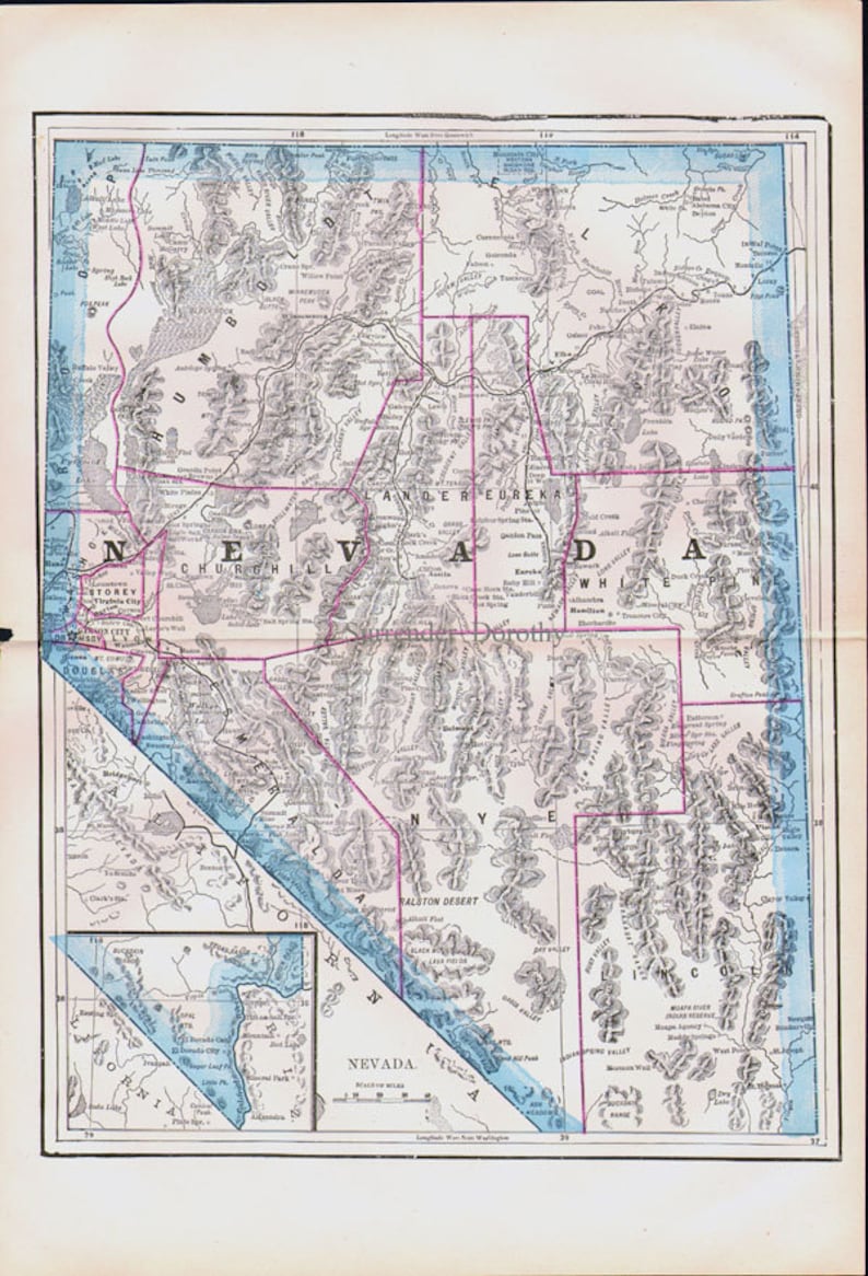 Nevada Map USA State Shoshone Indian Reservations Large Antique Copper ...