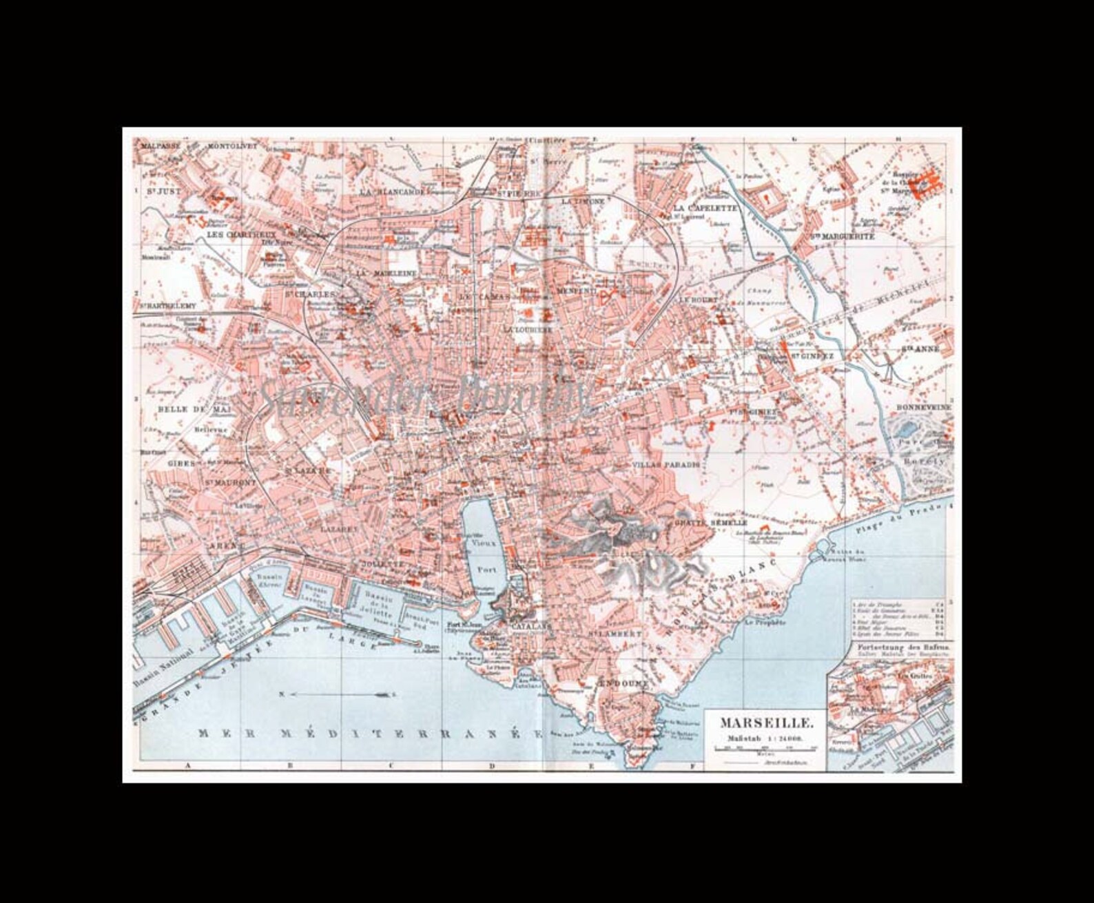 Mapa de la ciudad de Marsella, Francia, 1903, grabado en acero ...