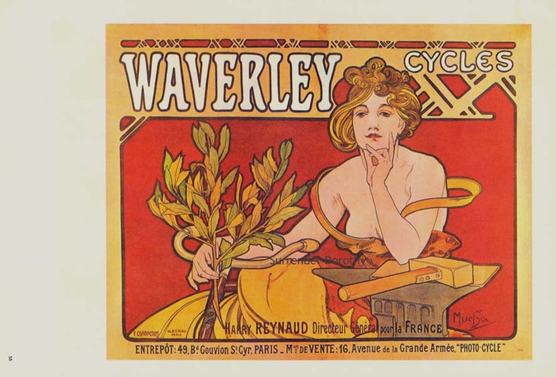 Omega Bicycles Alphonse Mucha 1894 Art Nouveau Lithograph Poster ...