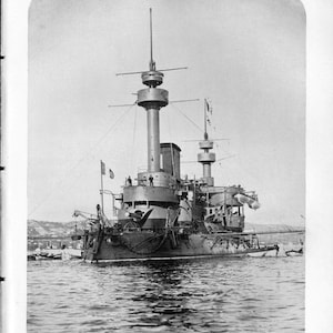 French Ironclad Navy Battleship Hoche 1895 Vintage Ship Rotogravure ...