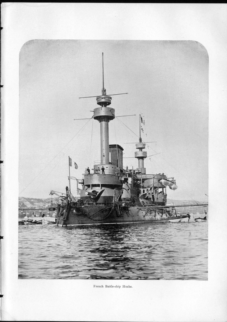 French Ironclad Navy Battleship Hoche 1895 Vintage Ship Rotogravure ...