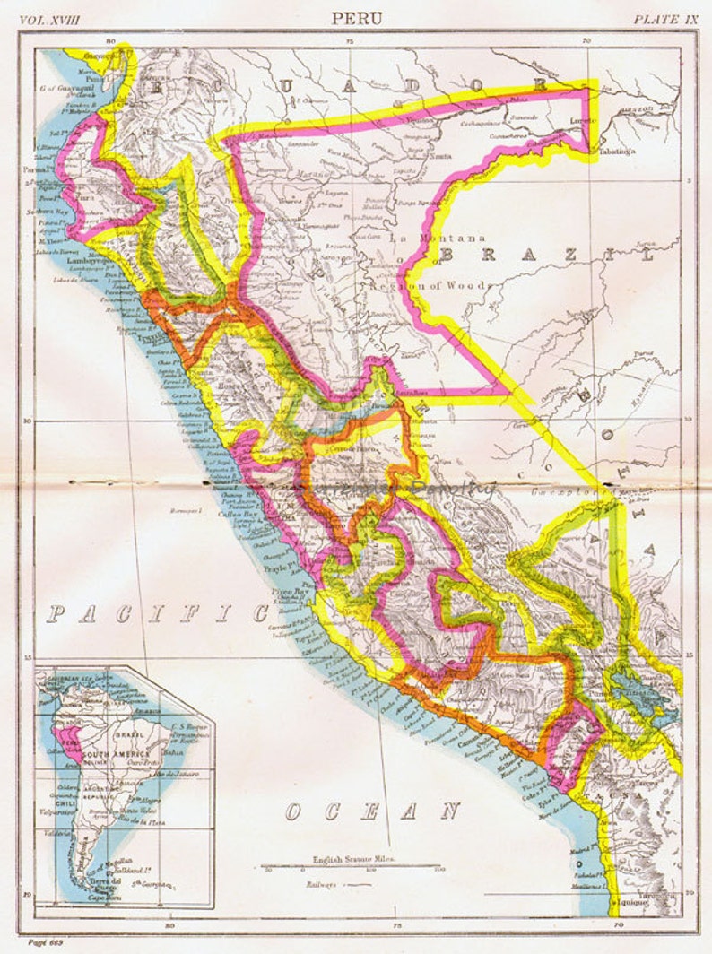 Peru Map Antique Copper Engraving South America Cartography - Etsy