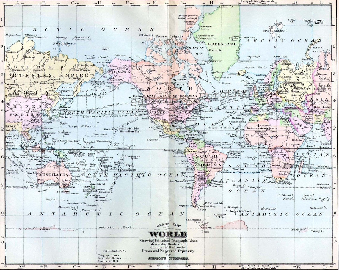World Map 1896 Large Antique Copper Engraved Map Telegraph | Etsy
