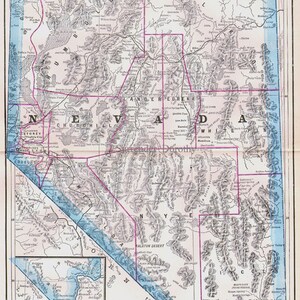 Nevada Map USA State Shoshone Indian Reservations Large Antique Copper ...