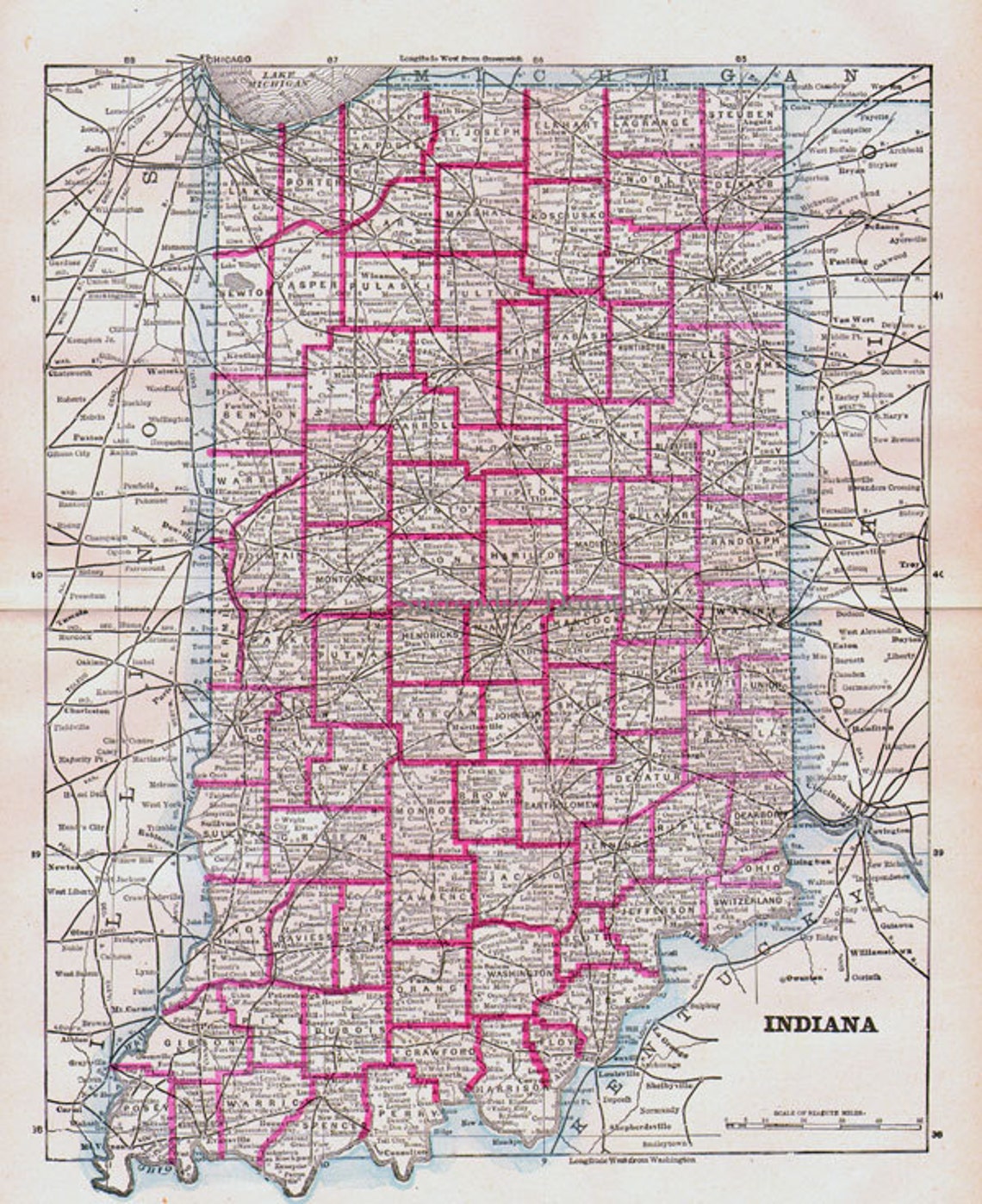 Indiana USA State Map LARGE Antique Copper Engraving North American ...