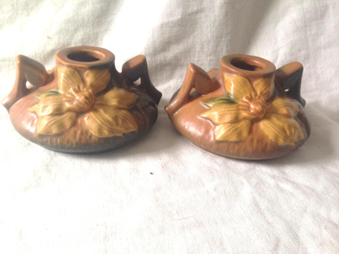 2 Roseville Clematis Candlestick Holders Double Handle Mid Century 1940 ...