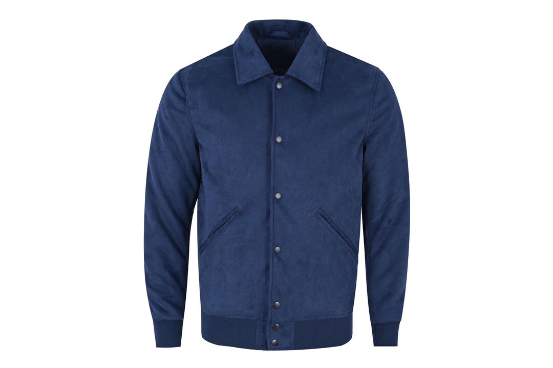 Navy Blue Suede Bomber Jacket Mens With Two Side Pockets Premium ...