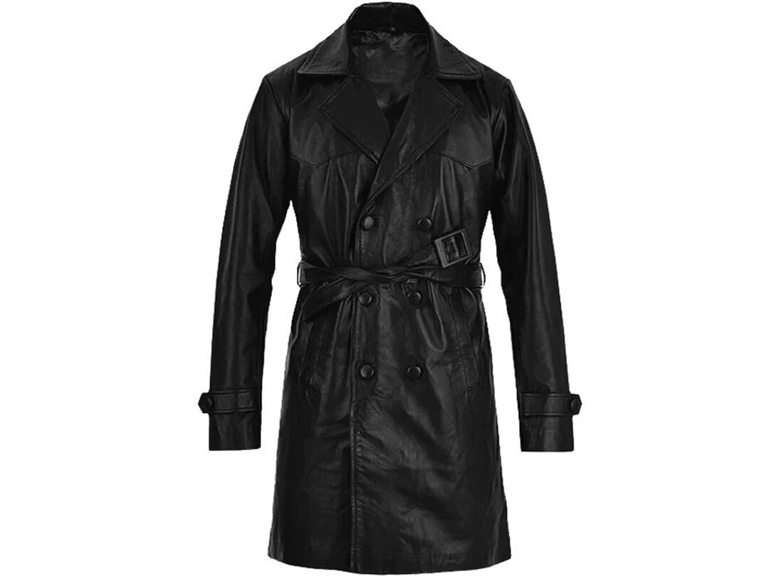Men's Double Breasted Long Leather Overcoat | Handmade Black Trench ...