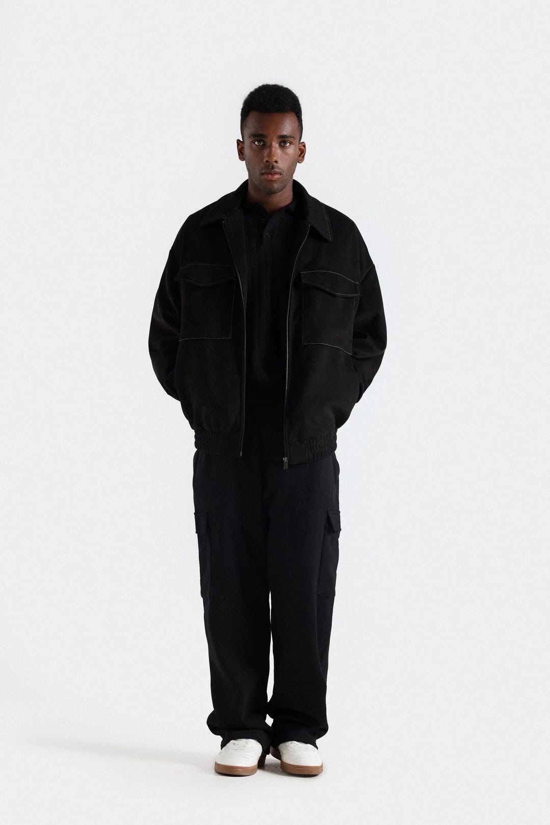 Men’s Black Suede Zip-up Cargo Jacket - Suede Bomber Jacket - Casual A2 ...