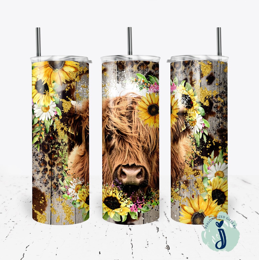 Cow and Sunflower Tumbler, Highland Cow Tumbler, Fuzzy Cow Glass, Furry ...