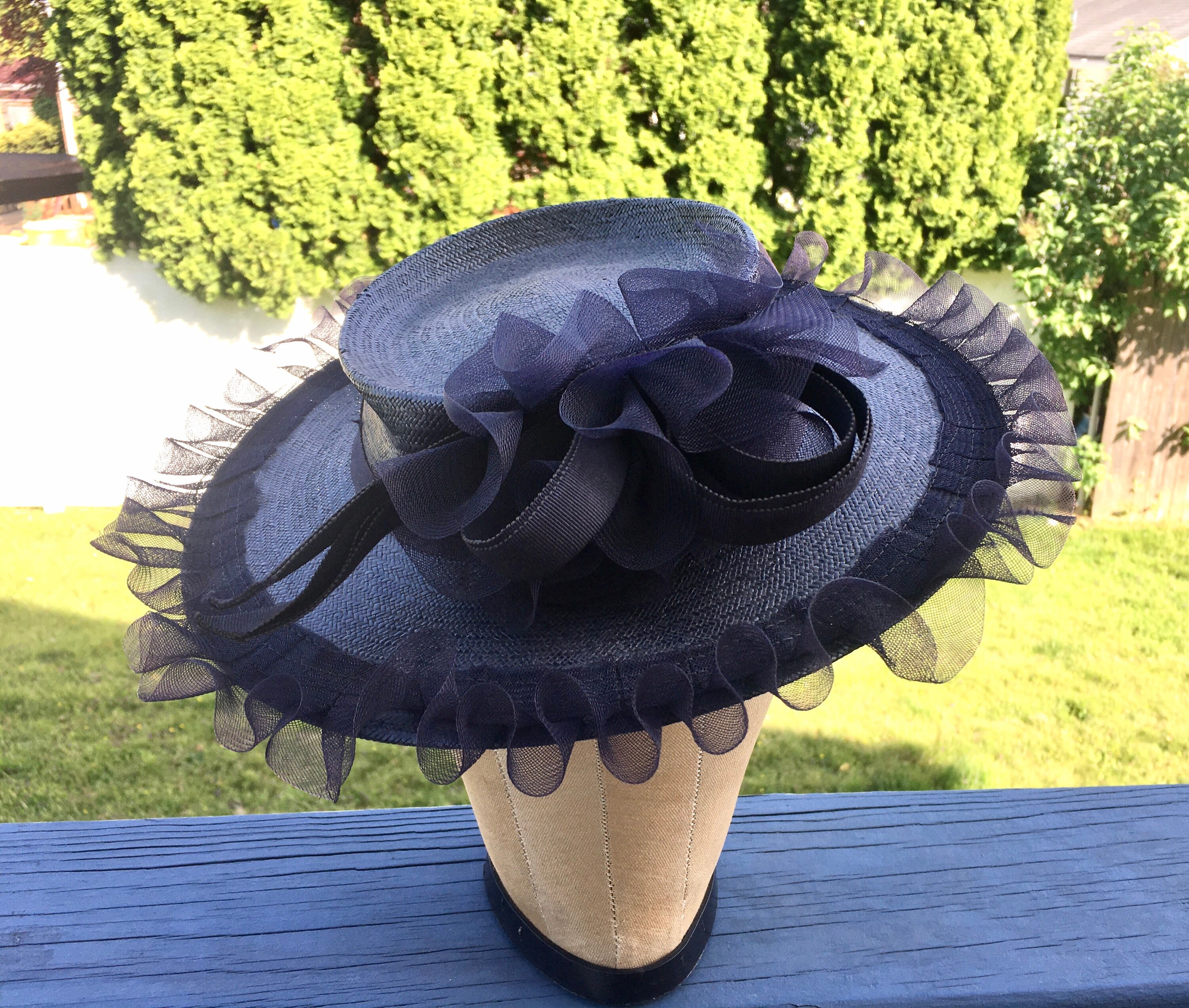1940's Navy Straw Wide Brim CARTWHEEL Hat W Ruffled Crinoline Trim - Etsy
