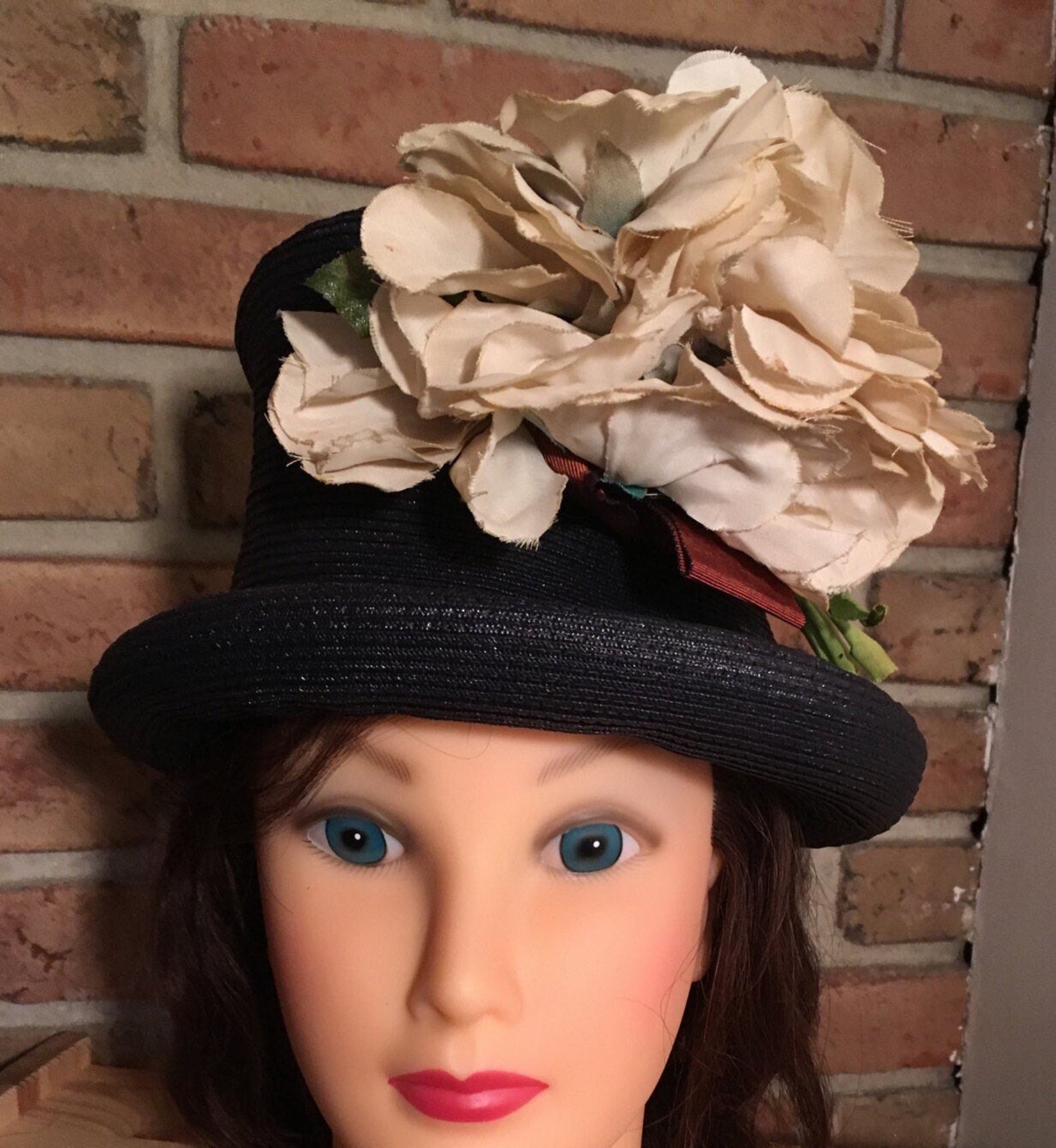Late 1930's Black STRAW Hat / New York Creation 30s Hat / OPEN Crown ...