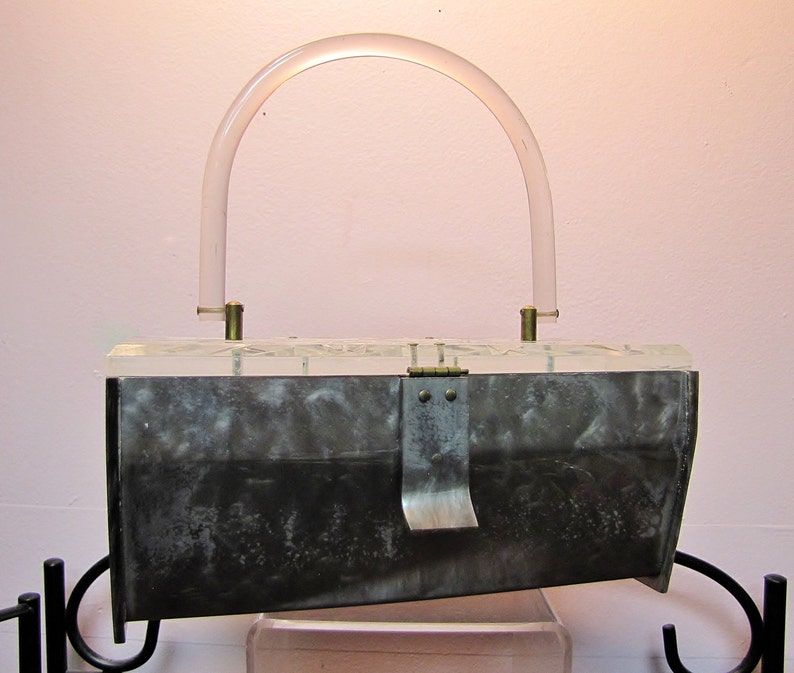 SIGNED Grey LUCITE Box Bag, Vintage 1950's Art Deco, Reverse Carved ...