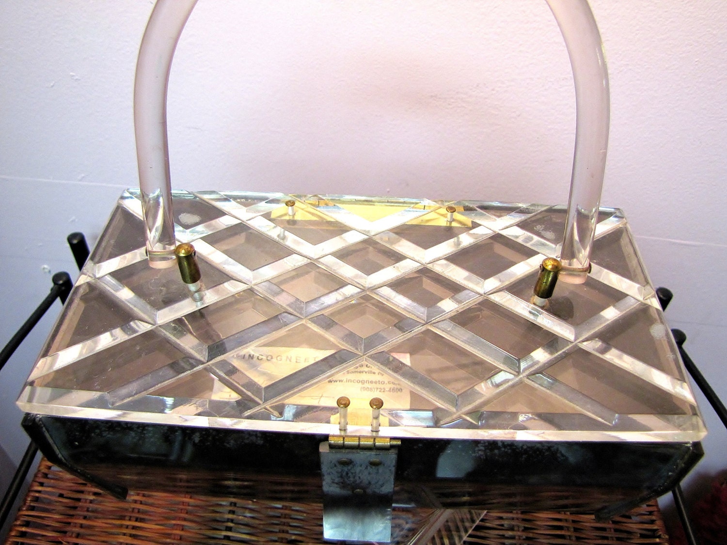 SIGNED Grey LUCITE Box Bag, Vintage 1950's Art Deco, Reverse Carved ...