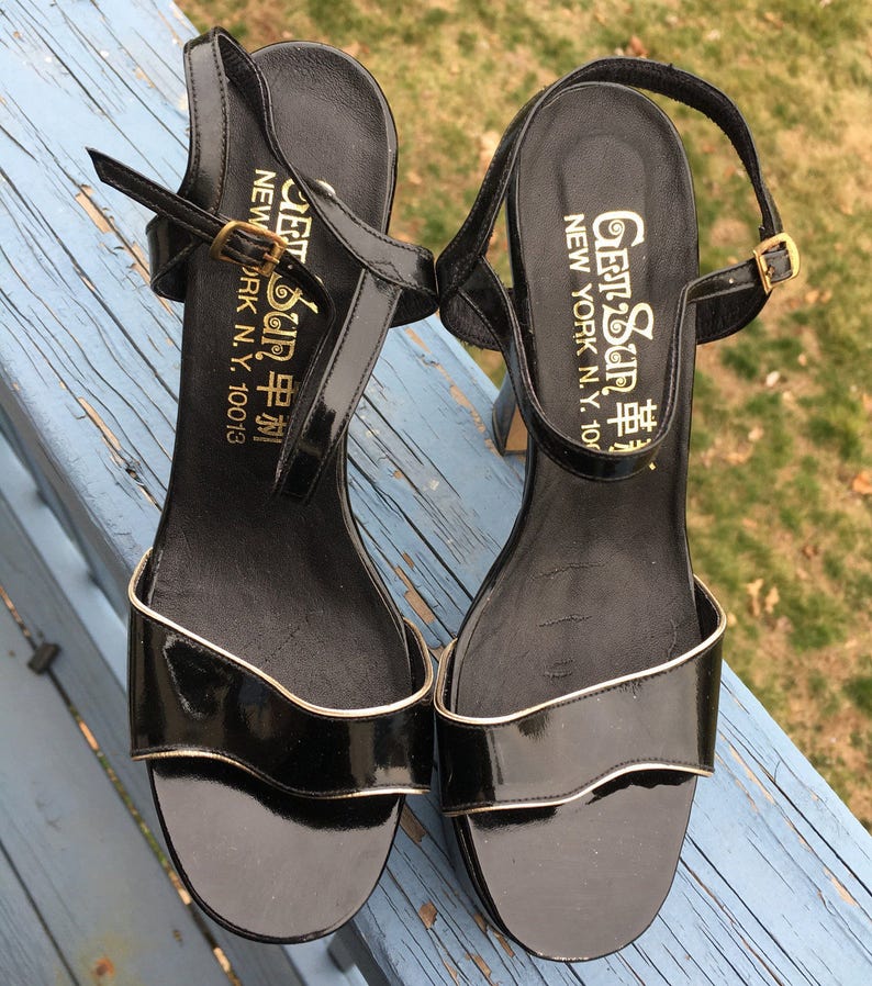 DEADSTOCK 70s Patent LEATHER Ankle Strap Shoes, Vintage 1970's Black ...