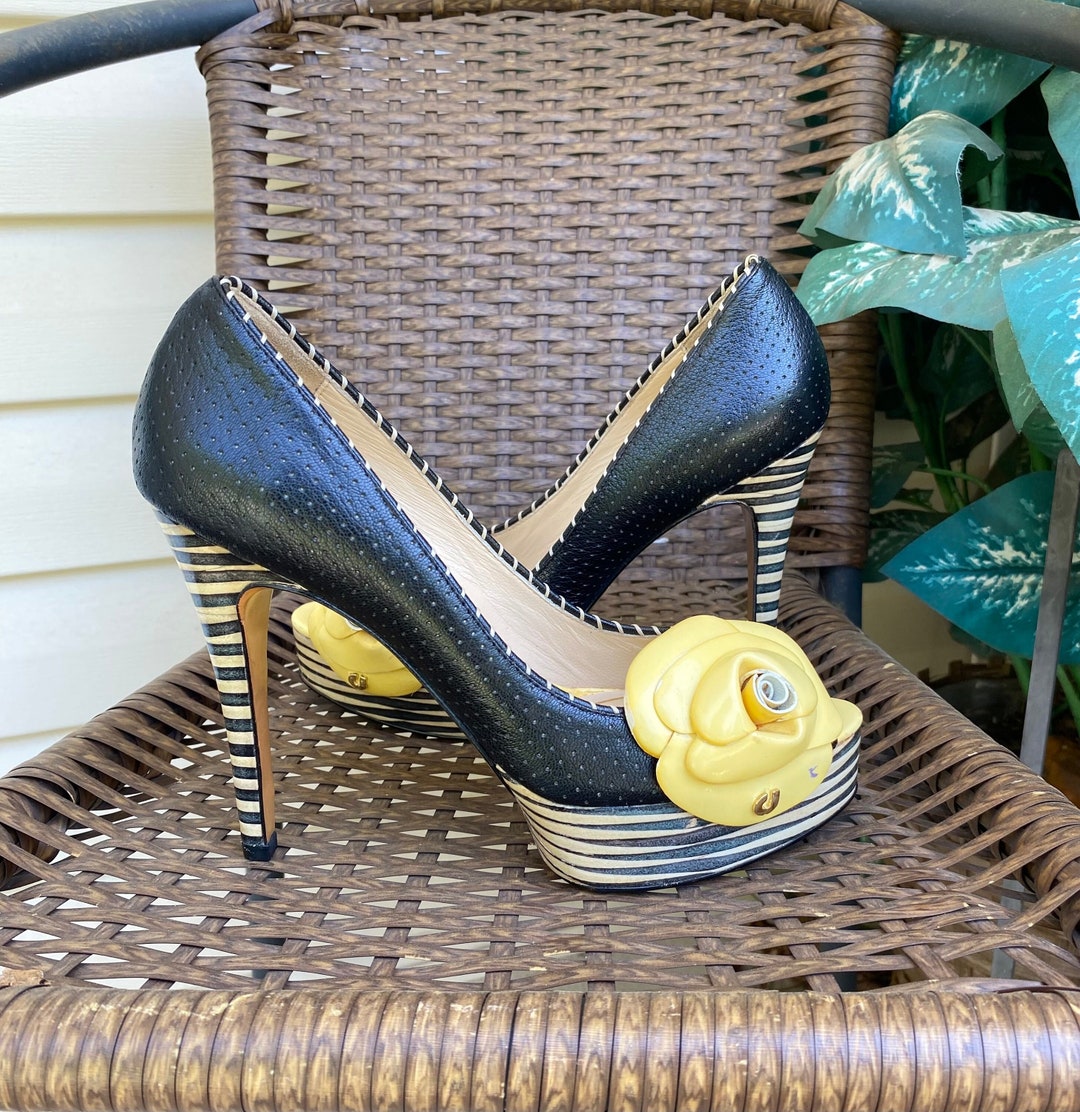 DEADSTOCK Charles Jourdan Platform High Heels, Black Leather With ...