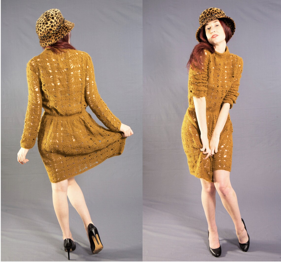 Crochet Knit Mini Dress 1960s Handmade Dress Hippy Etsy