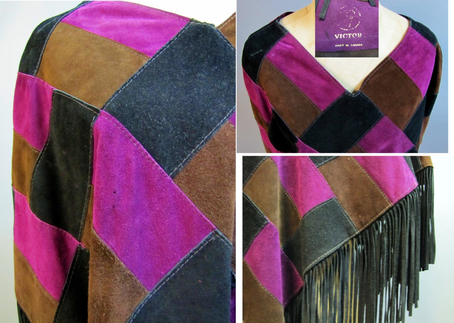 Hippie Suede PATCHWORK Poncho, Vintage 1960's BOHO Hippy SUEDE Fringe ...