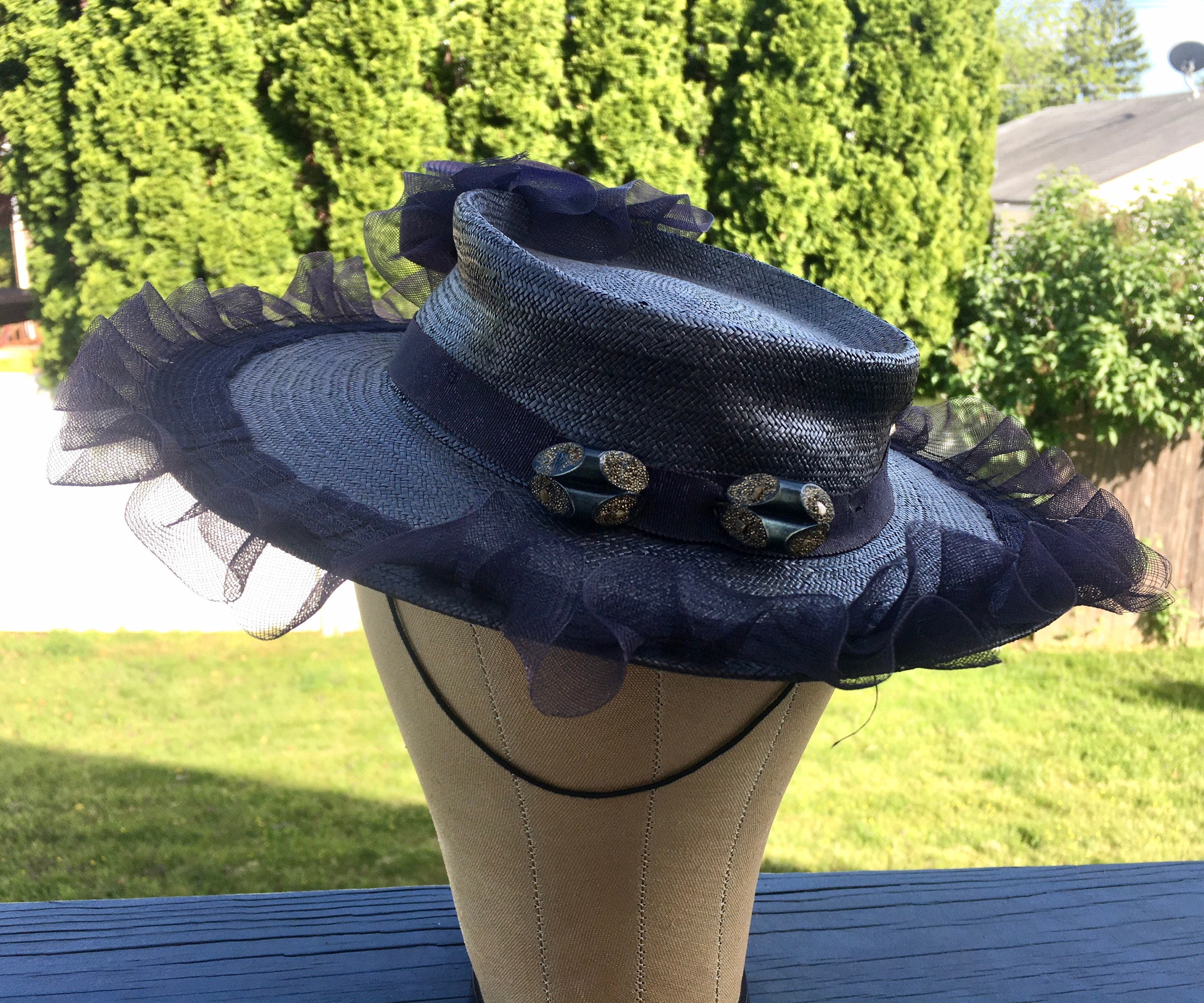 1940's Navy Straw Wide Brim CARTWHEEL Hat W Ruffled Crinoline Trim - Etsy