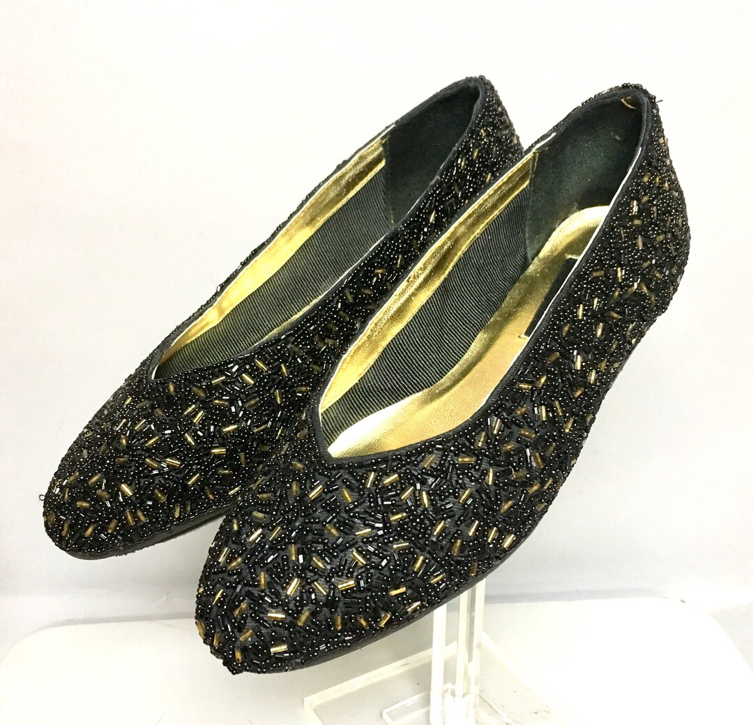 DEADSTOCK Black & Gold Beaded BALLERINA Flats, Vintage 1980's Beaded ...