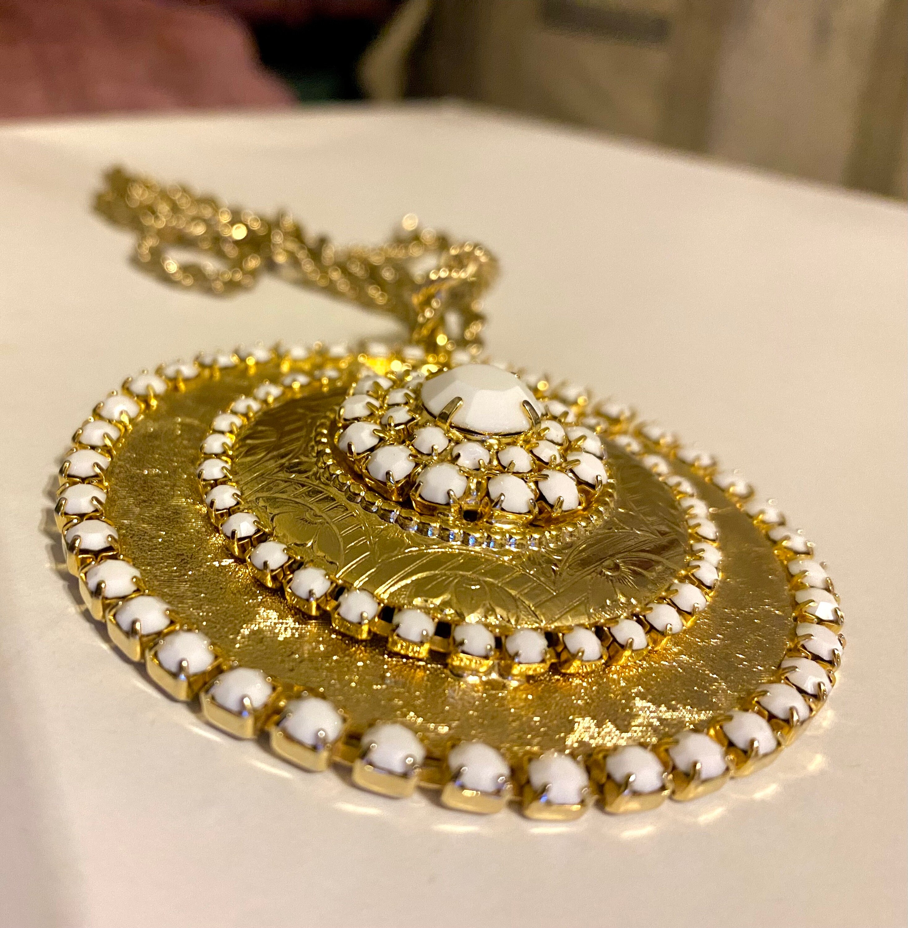 Large Gaudy Gold and White Stone 1970's Pendant Necklace - Etsy