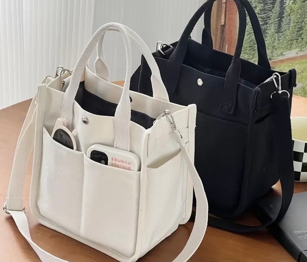 Mini Canvas Tote Bag With Top Handle, Multi-pocket Crossbody Bag ...