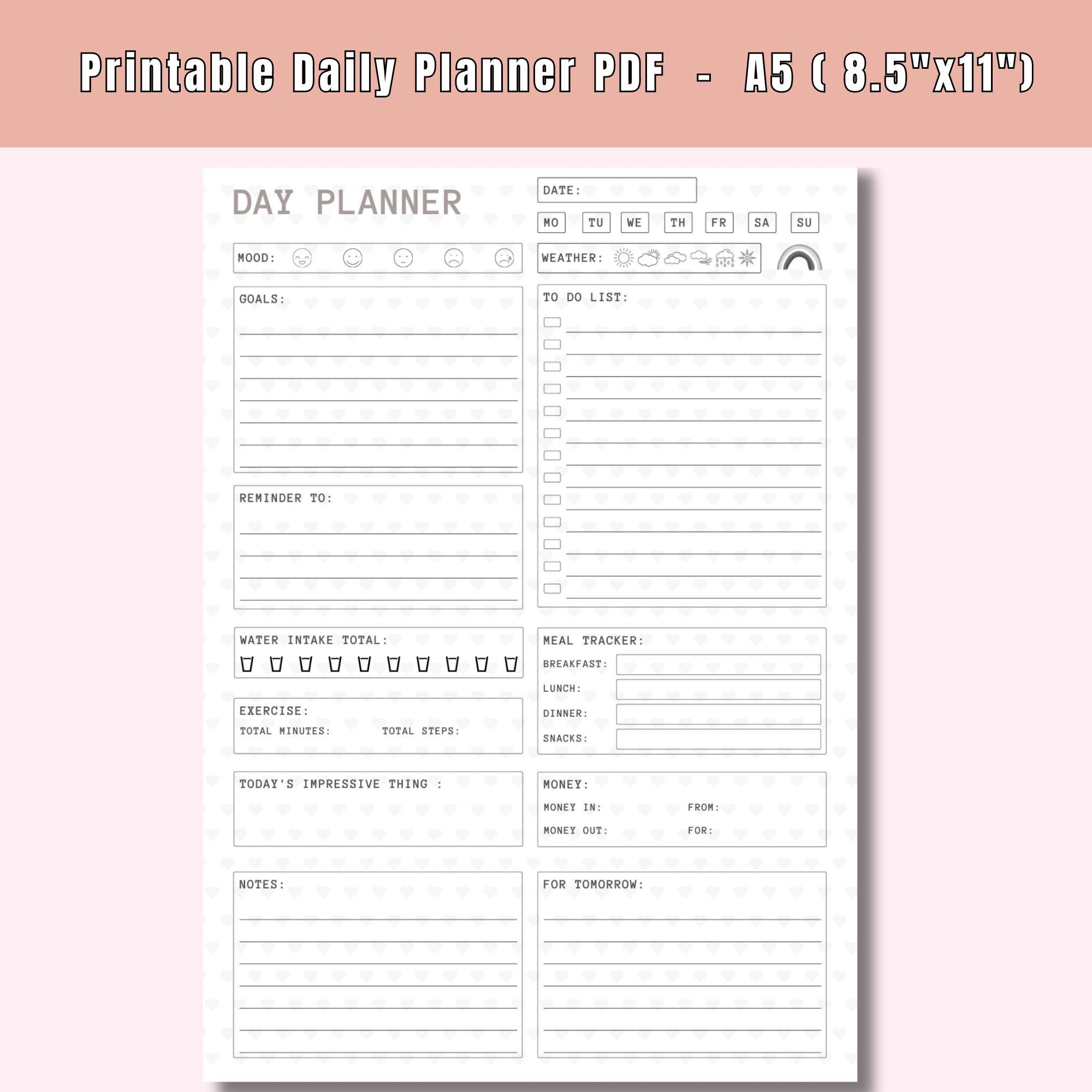 Printable Daily Planner PDF Includes Water Intake, 2024 Digital Planner ...