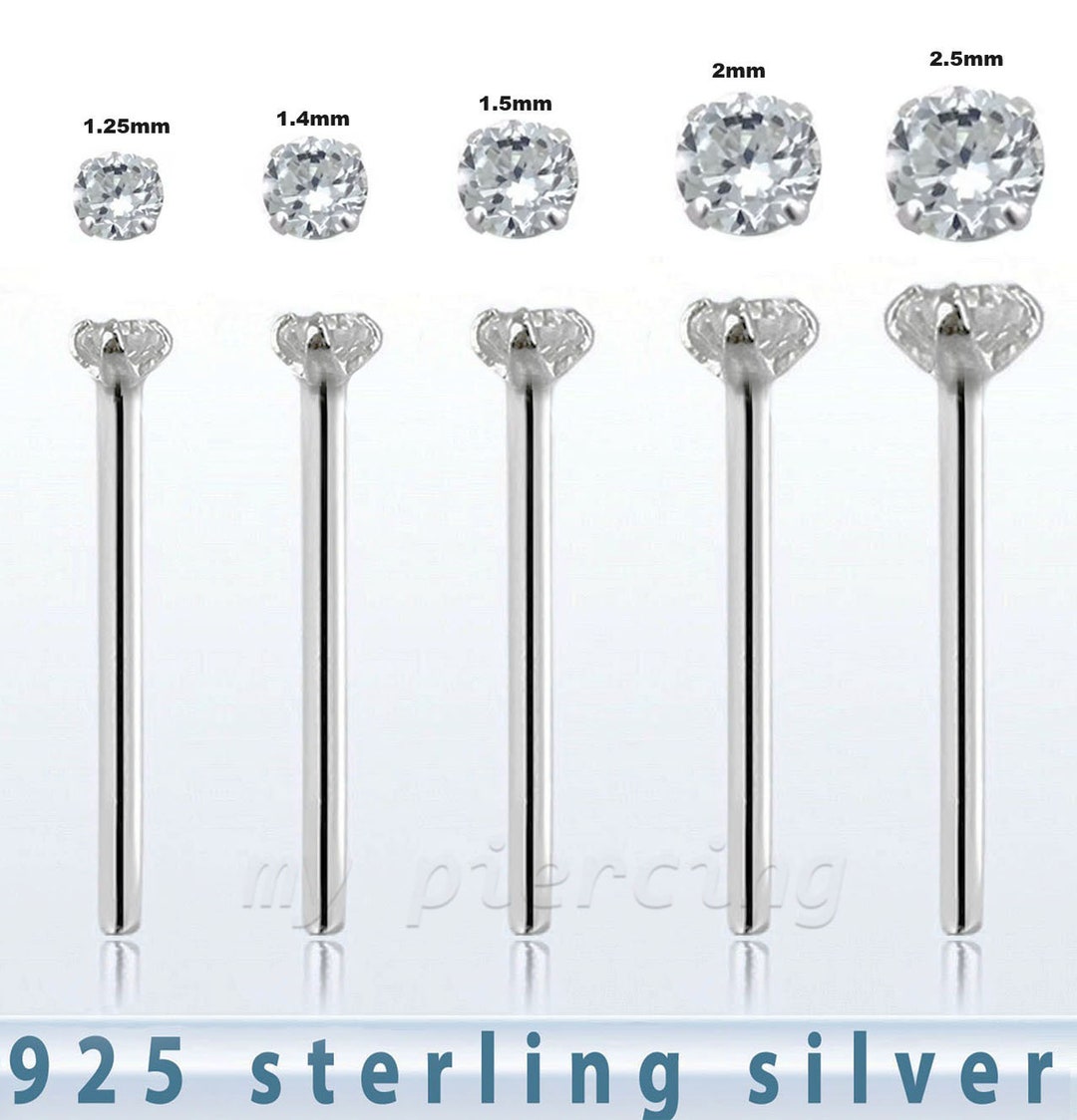 2pcs. 22G .925 Sterling Silver Round Clear CZ Prong Set Straight Nose ...