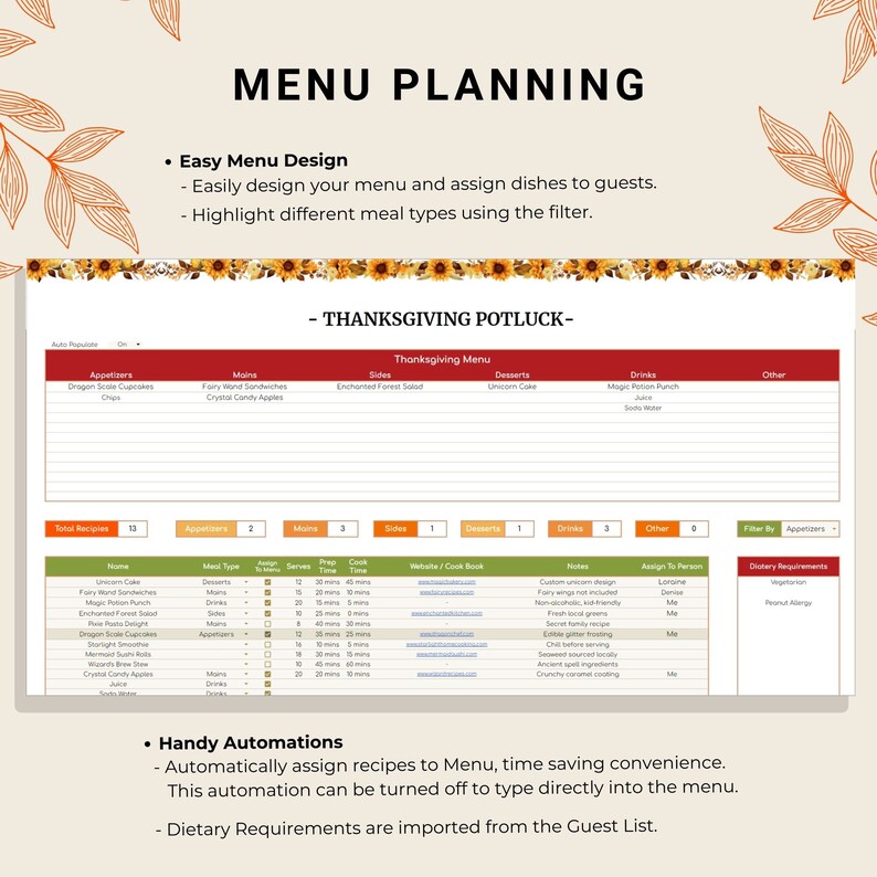 Thanksgiving Potluck Food Manager, Google Sheets, Friendsgiving Potluck ...