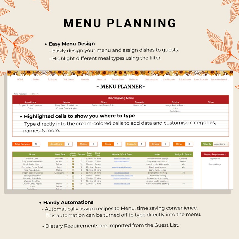 Thanksgiving To-do List and Menu Planner for Google Sheets, Digital ...
