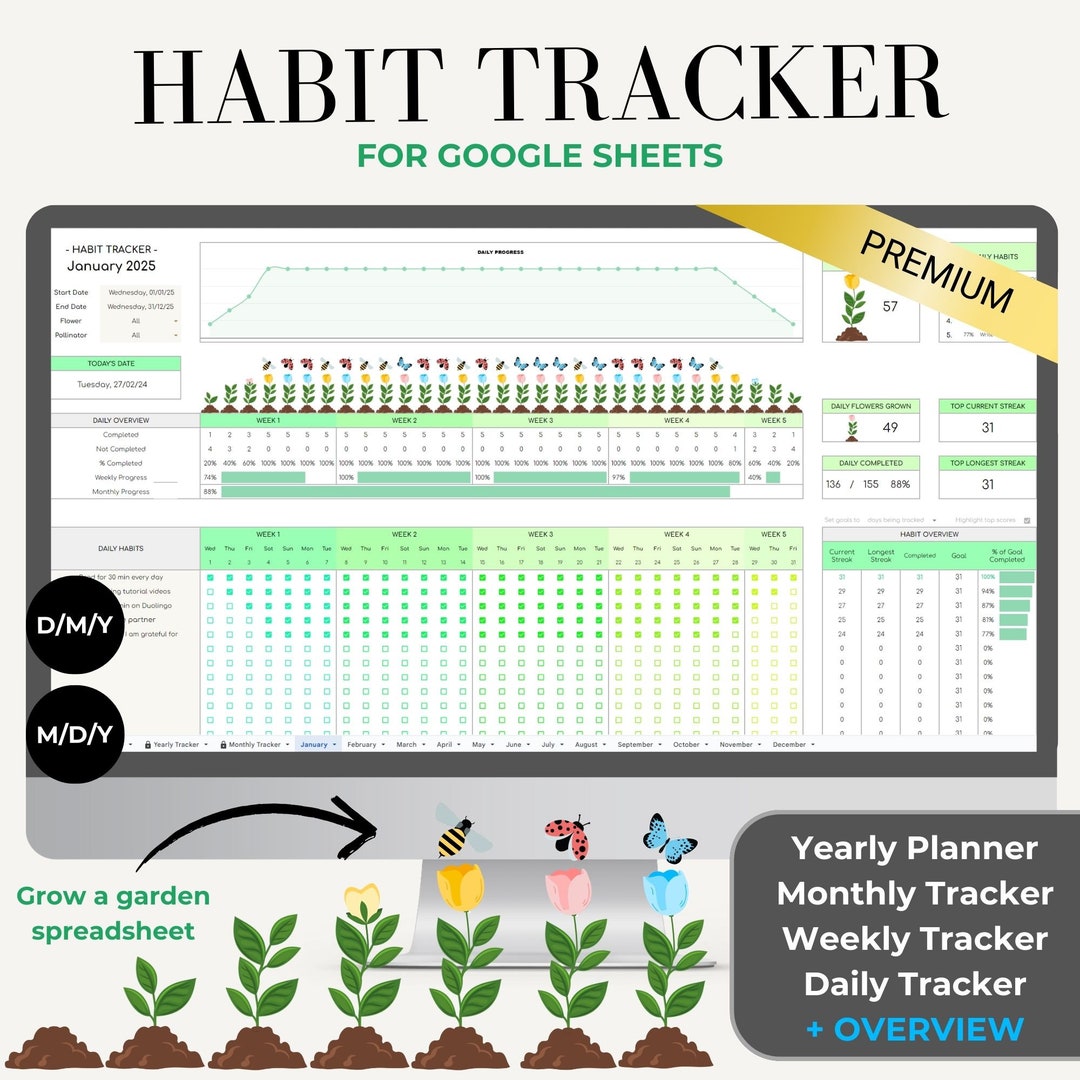 Habit Tracker Spreadsheet Google Sheets Template, Digital Yearly Goal ...