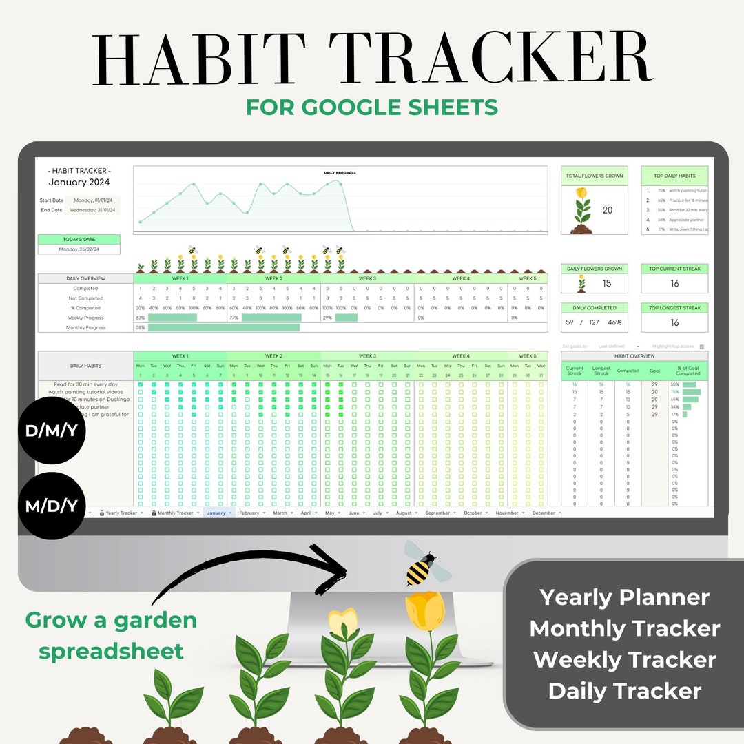 Habit Tracker Spreadsheet Google Sheets Template, Digital Goal Tracker ...