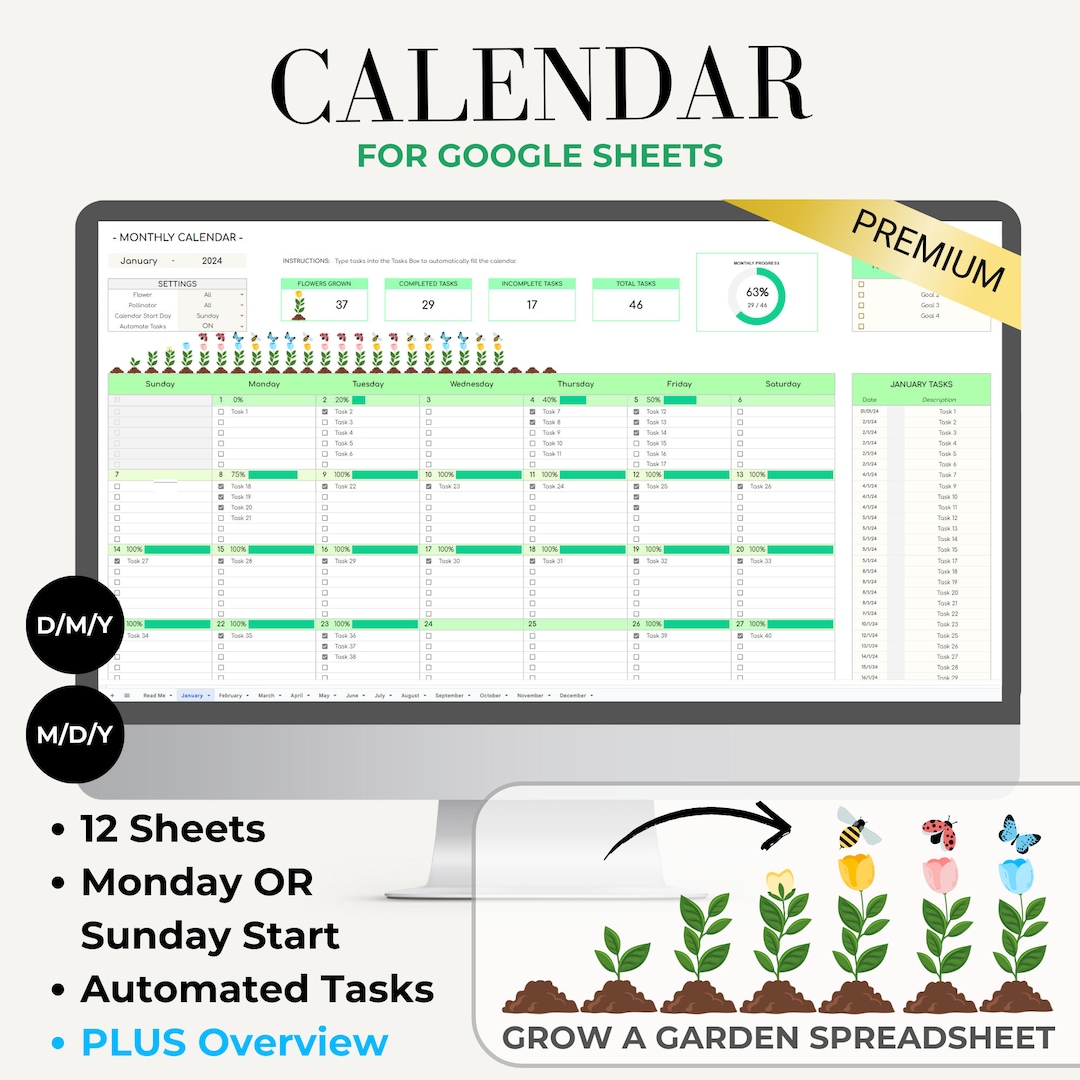 Calendar Template Google Sheets, Yearly and Monthly Calendar, Task ...