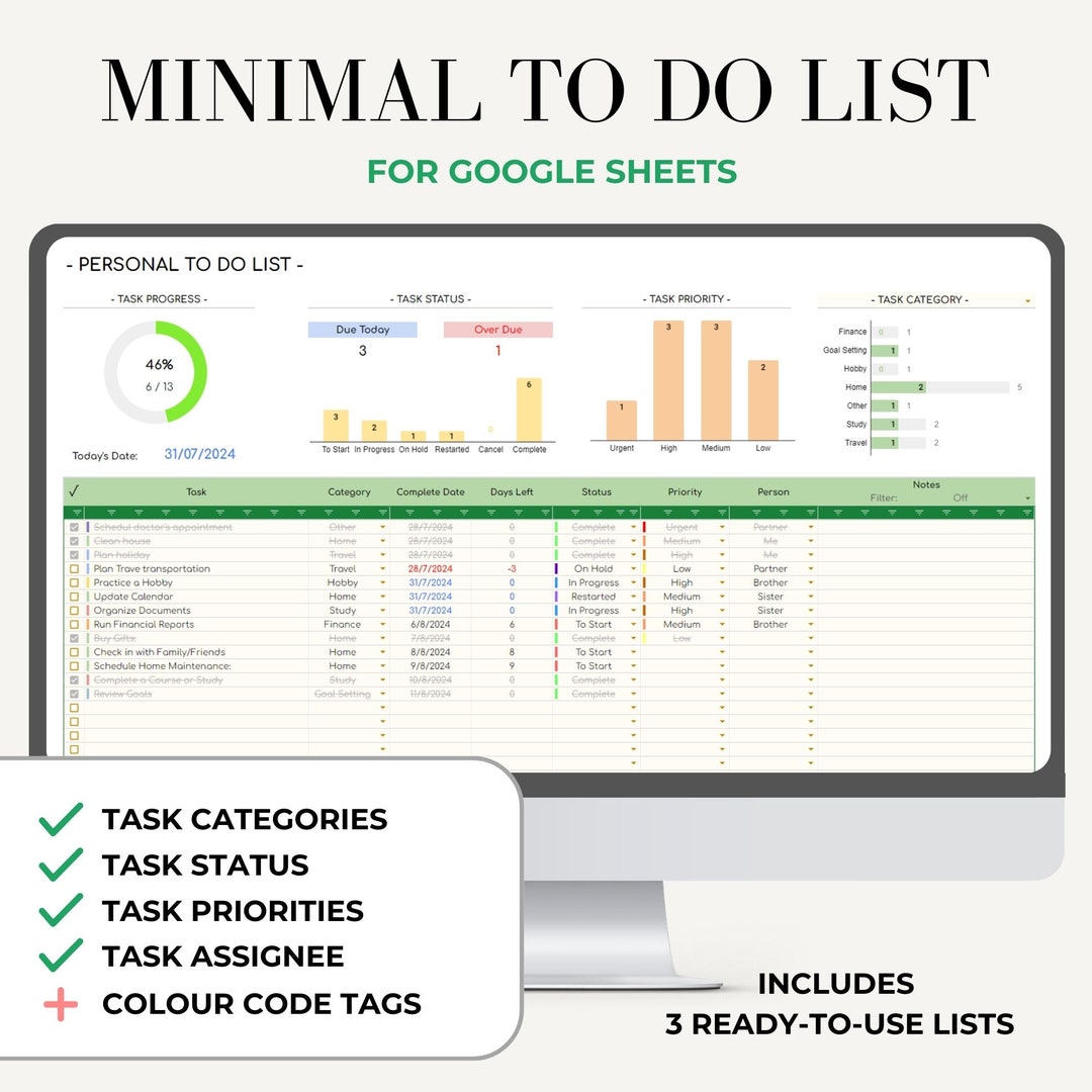 To-do List Google Sheets, Digital Checklist Template, Monthly to Do ...