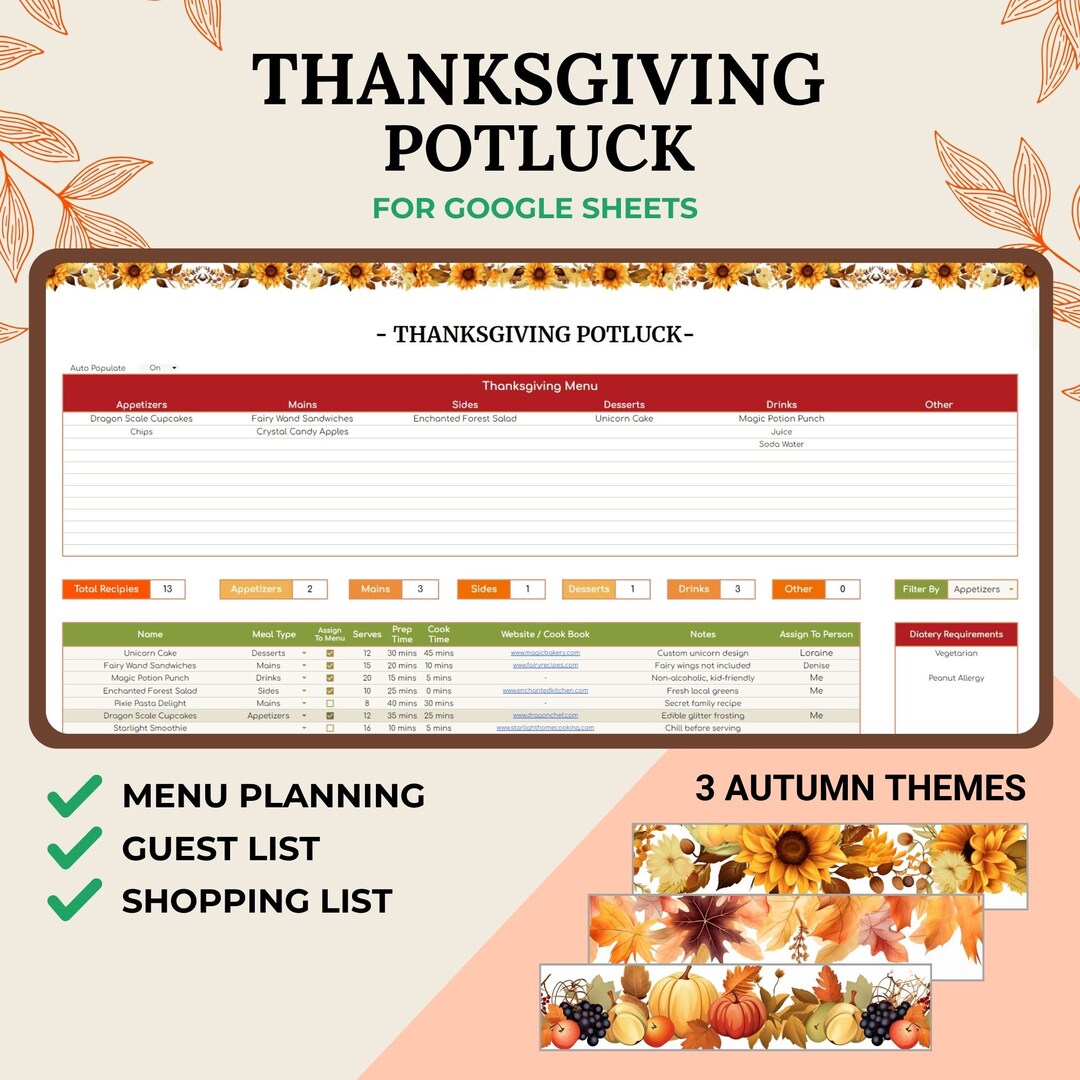 Thanksgiving Potluck Food Manager, Google Sheets, Friendsgiving Potluck ...