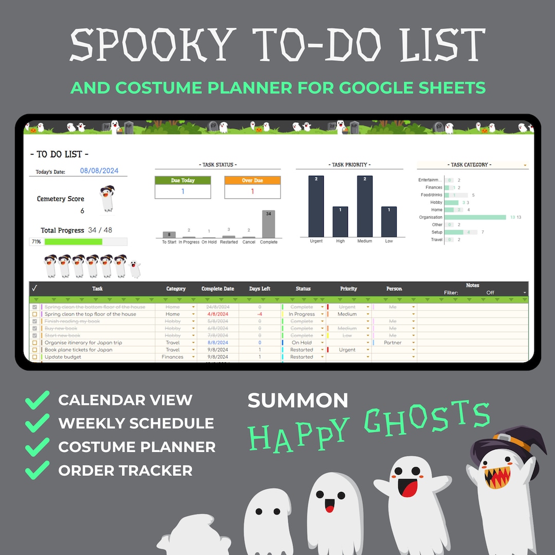 To-do List Task Tracker & Halloween Costume Planner, Google Sheets ...