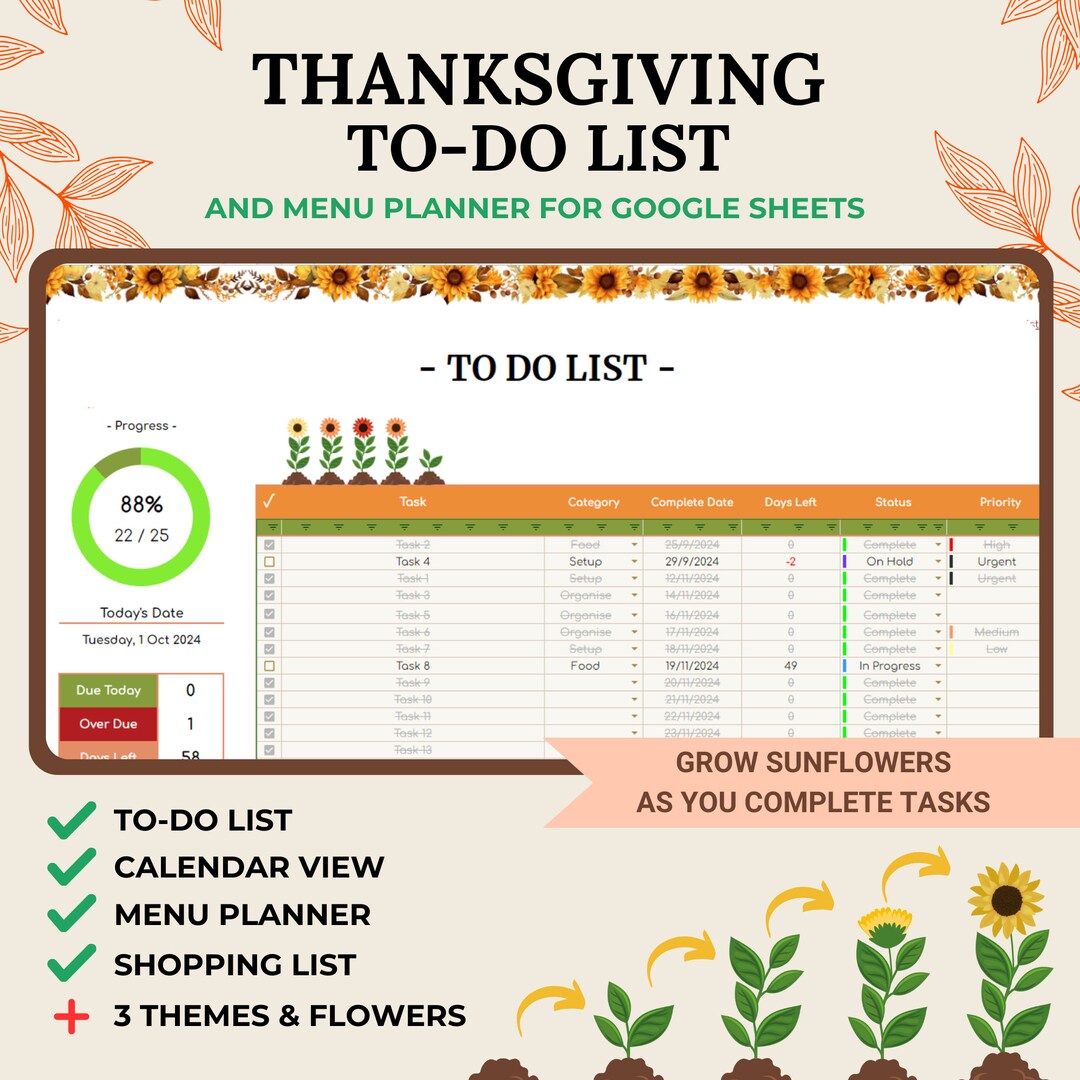 Thanksgiving To-do List and Menu Planner for Google Sheets, Digital ...