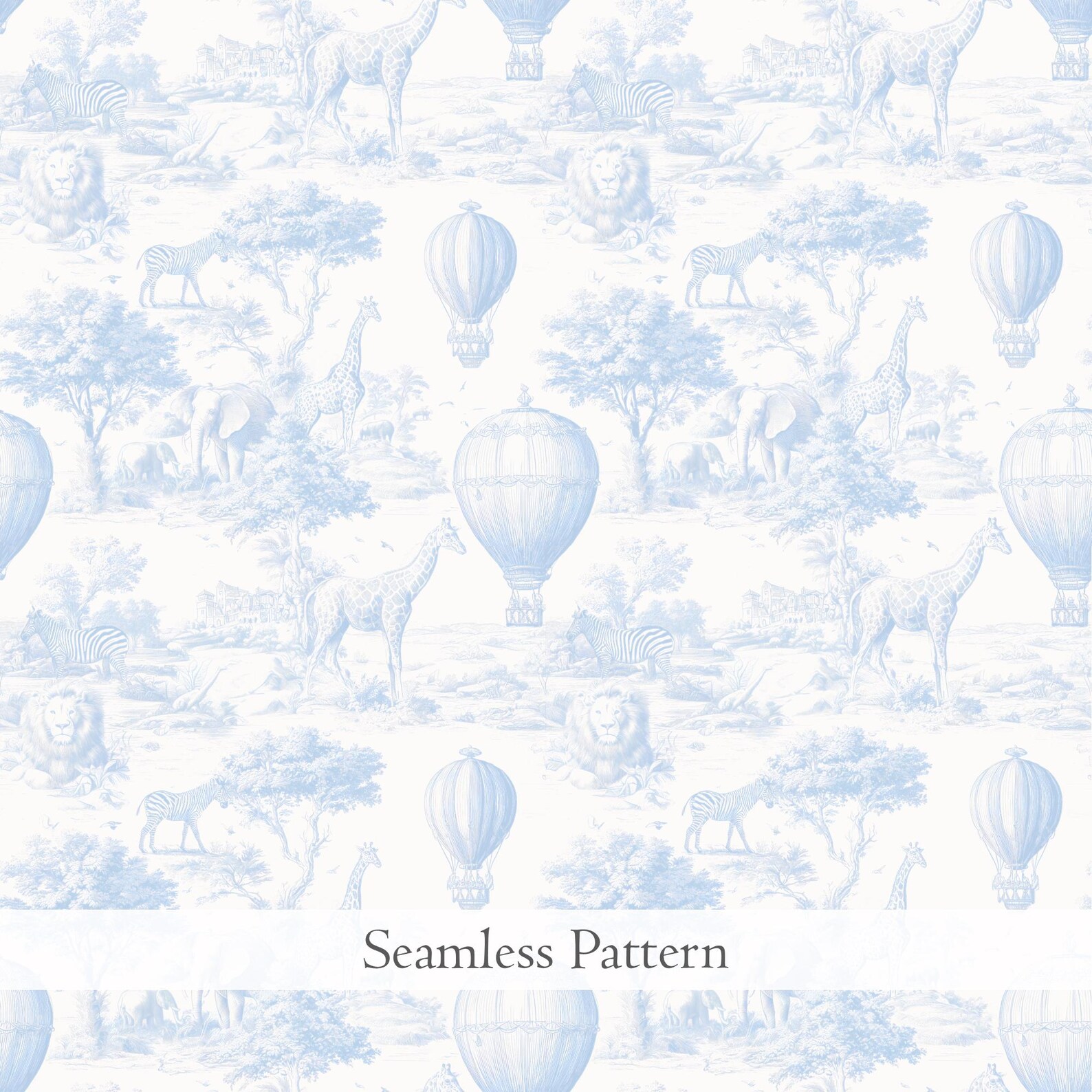 Safari Nursery Toile De Jouy, Blue & Pink Jungle Pattern, Chinoiserie ...