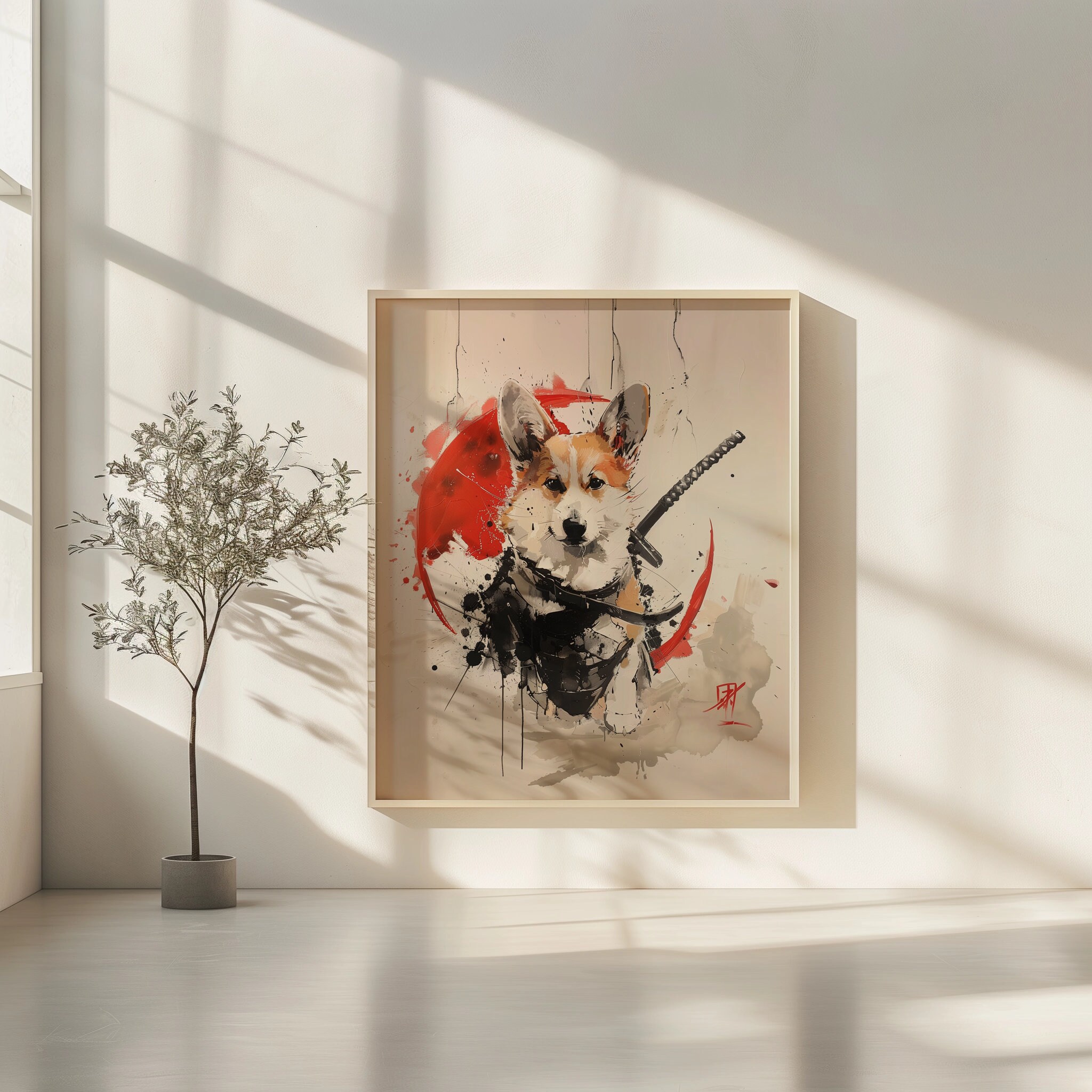 Welsh Corgi Painting for Entryway Wall Art of Samurai Dog Decor for ...