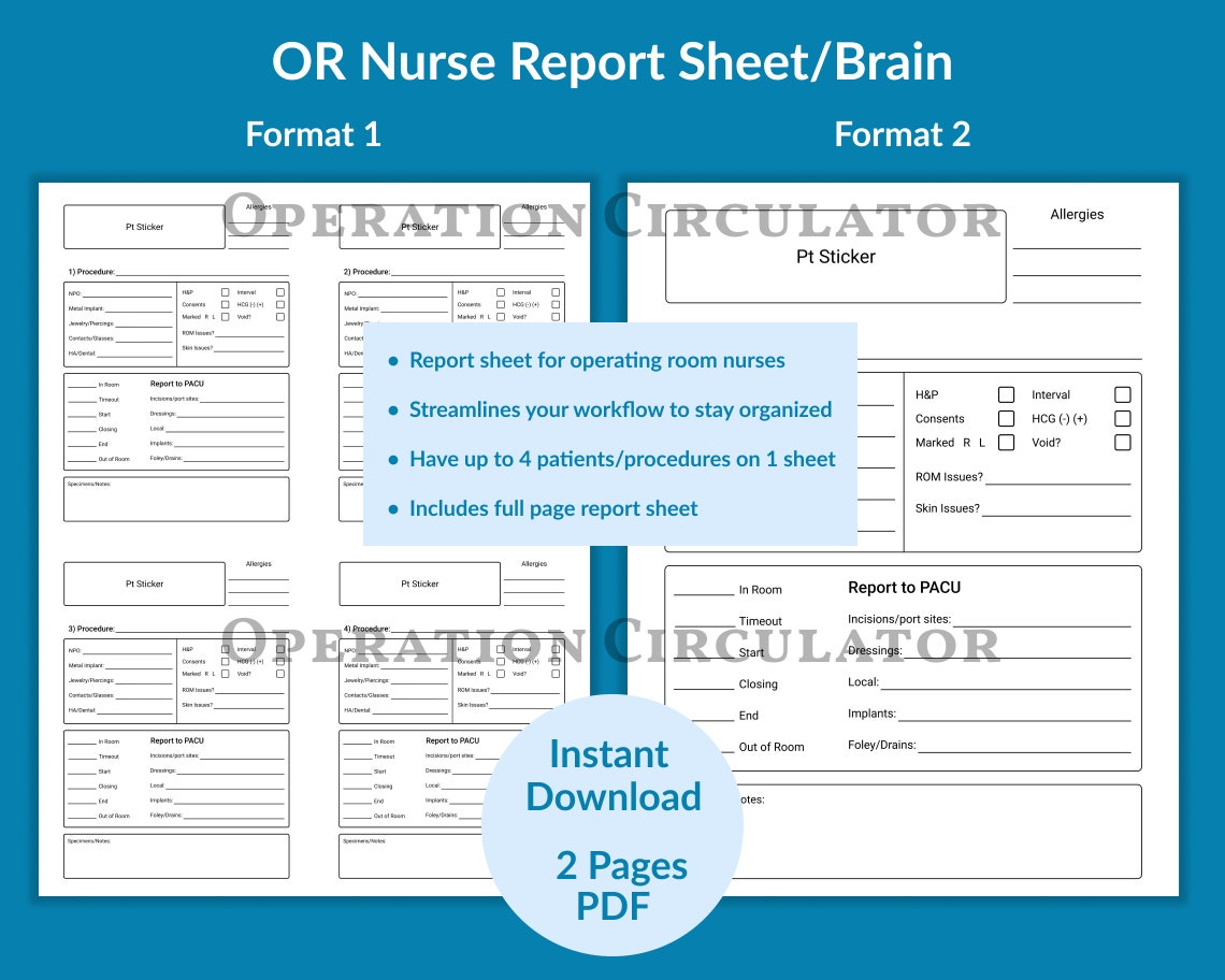 Operating Room Nursing Report Sheet | Perioperative Report Sheet | OR Nurse Brain | OR Nurse ...