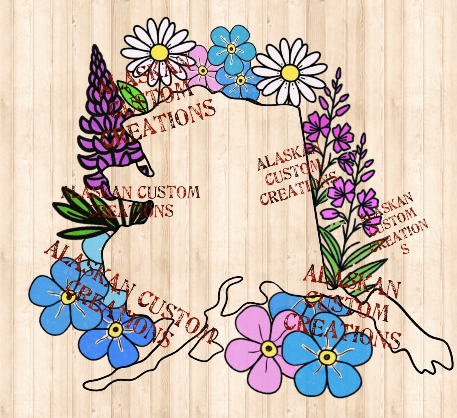 Alaska State Outline Wildflowers Fireweed Lupine Forget Me Nots PDF/PNG ...