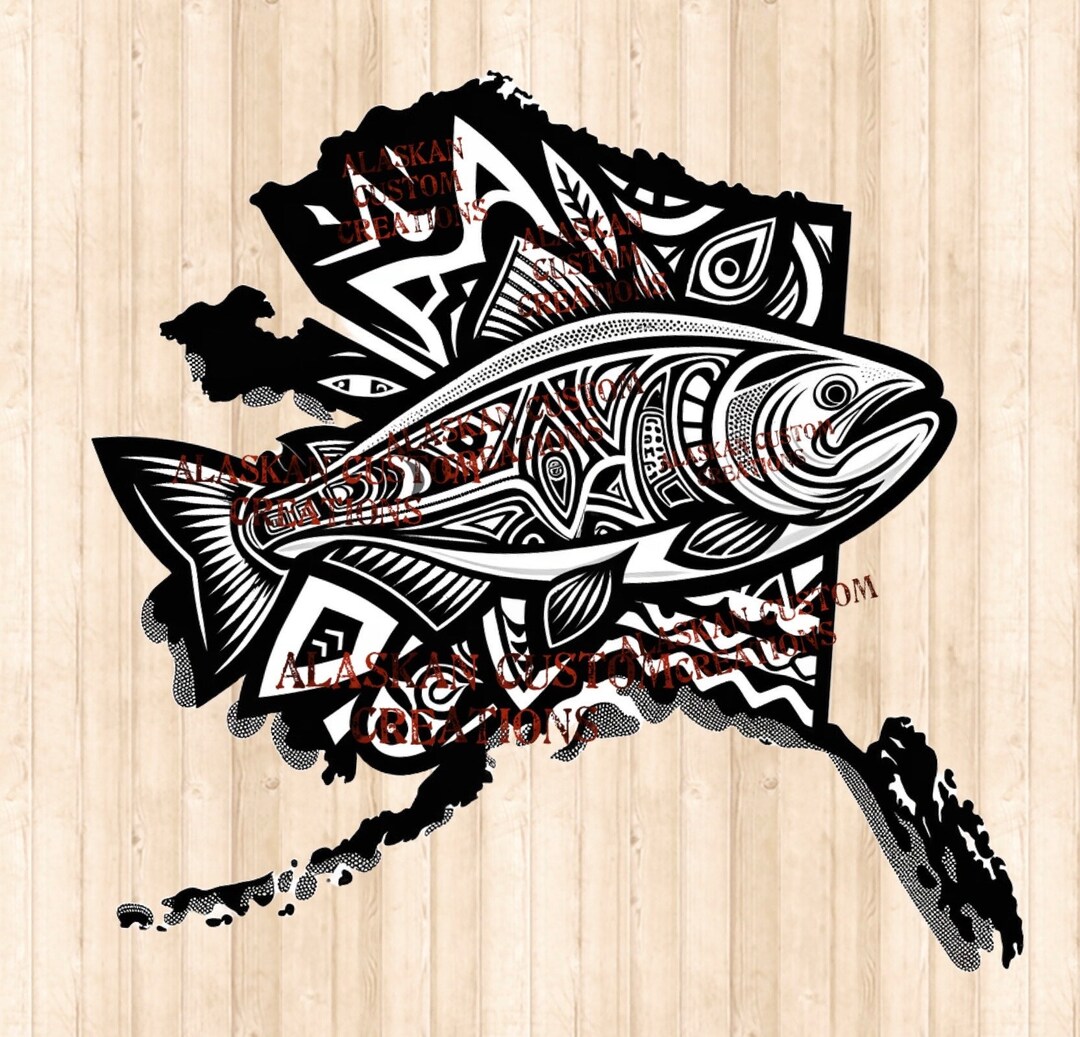 Alaska State Outline Traditional Art Inspired Salmon Digital Art Laser ...