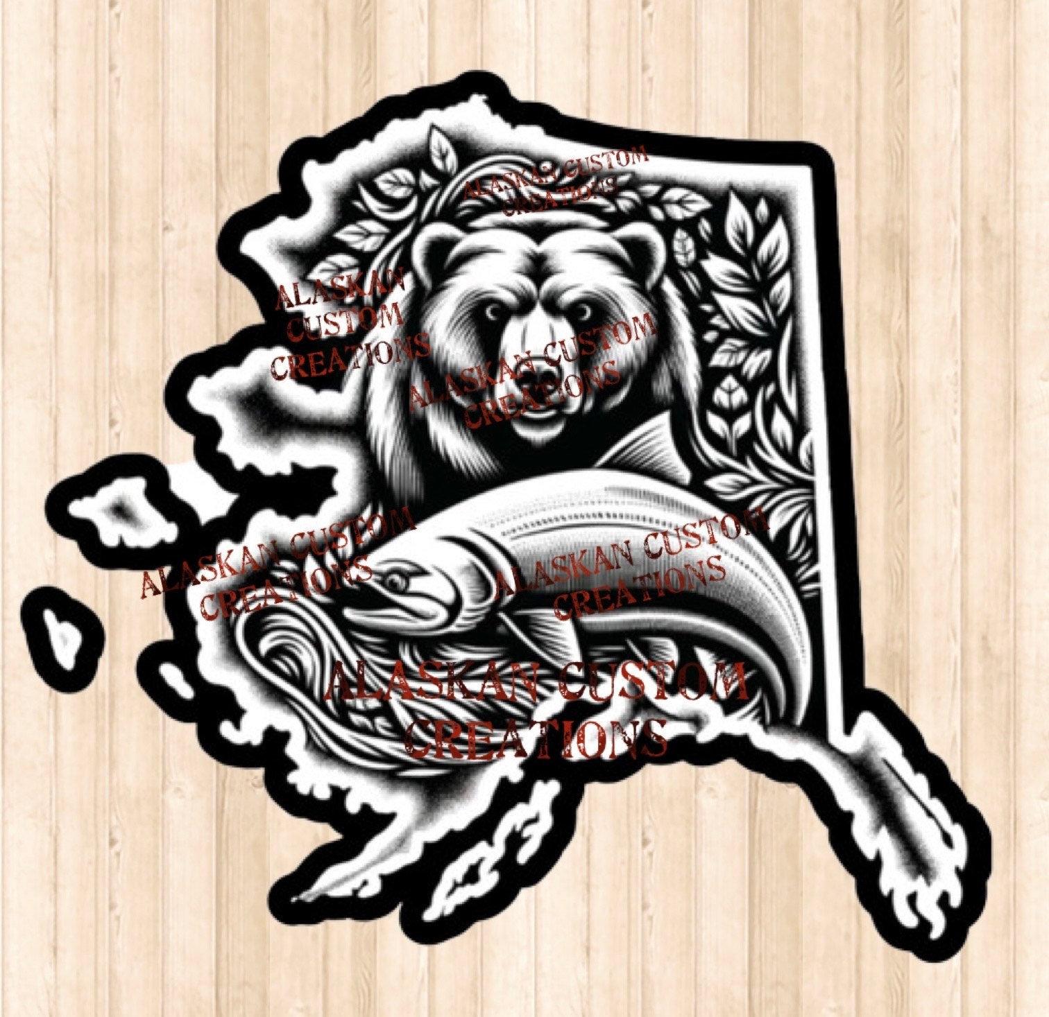 Alaska State Outline Featuring a Kodiak Brown Bear and a Salmon Digital ...