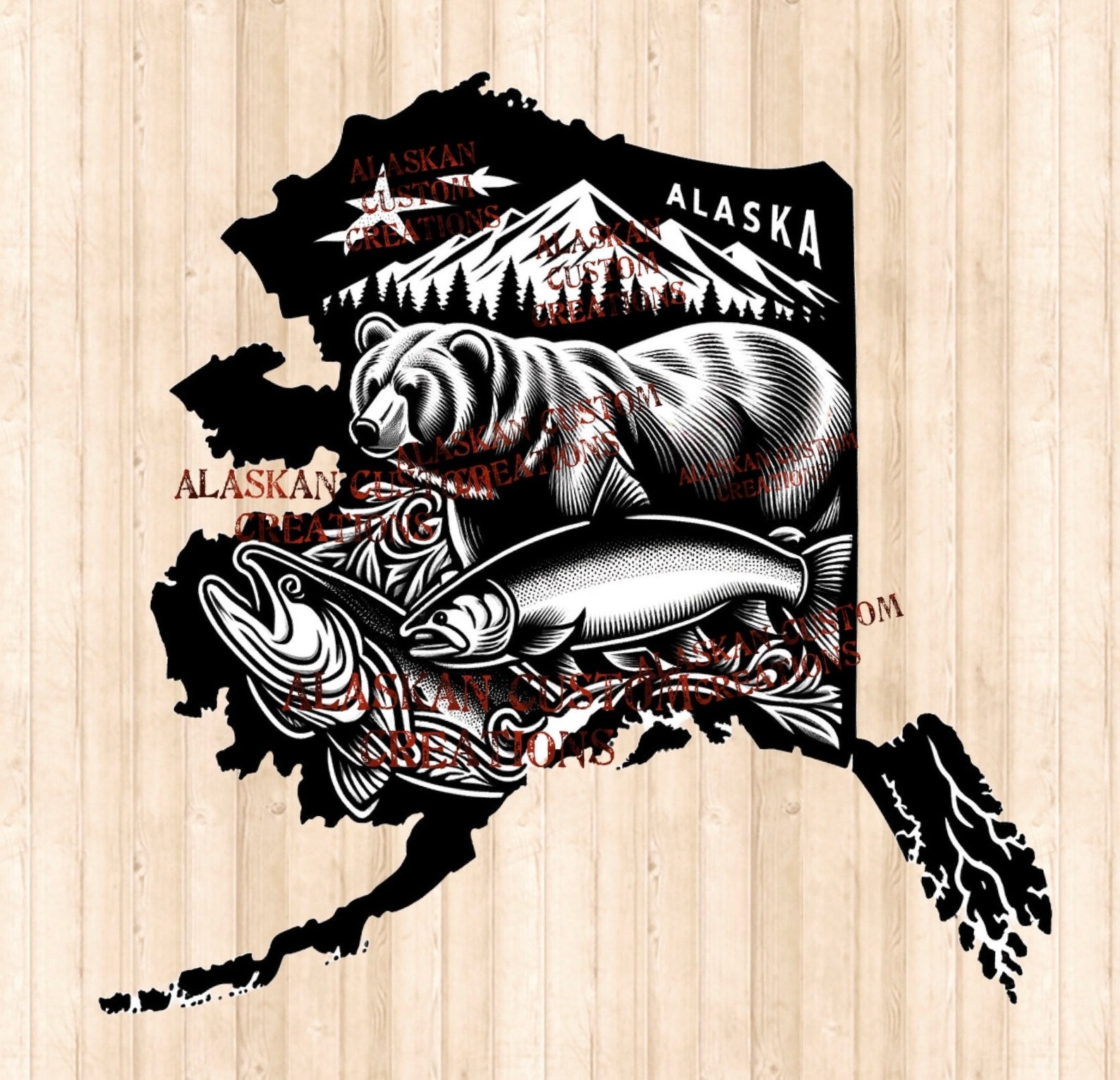 Alaska State Outline Grizzly Bear and Salmon Digital Image Laser ...
