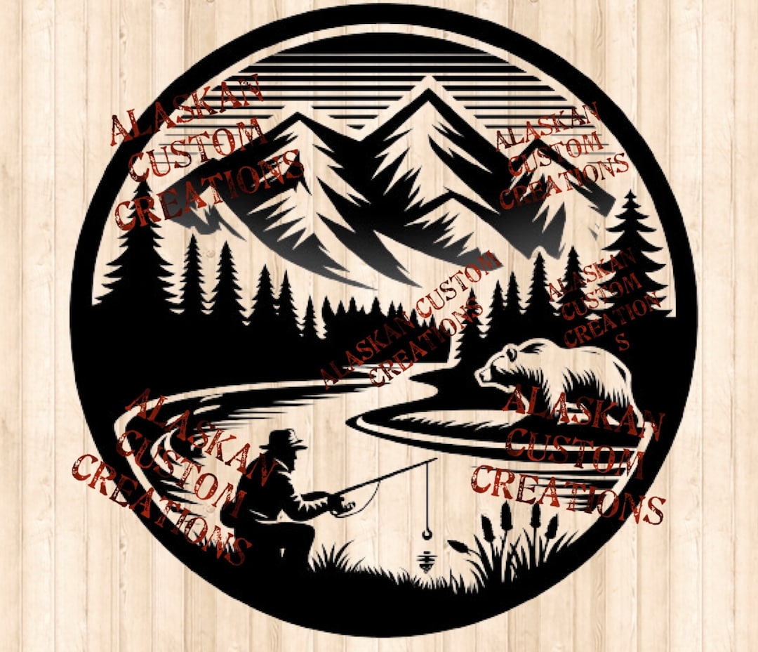 Alaska Logo Style Digital Image Mountains Bear Fishing Black and White ...