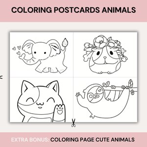 Cute Animals Printable Coloring Postcard Set of 4, Guinea Pig, Cat ...